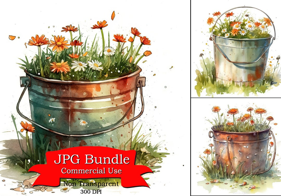 Rusted Bucket With Wildflowers Digital Clipart in JPG Format Digital ...