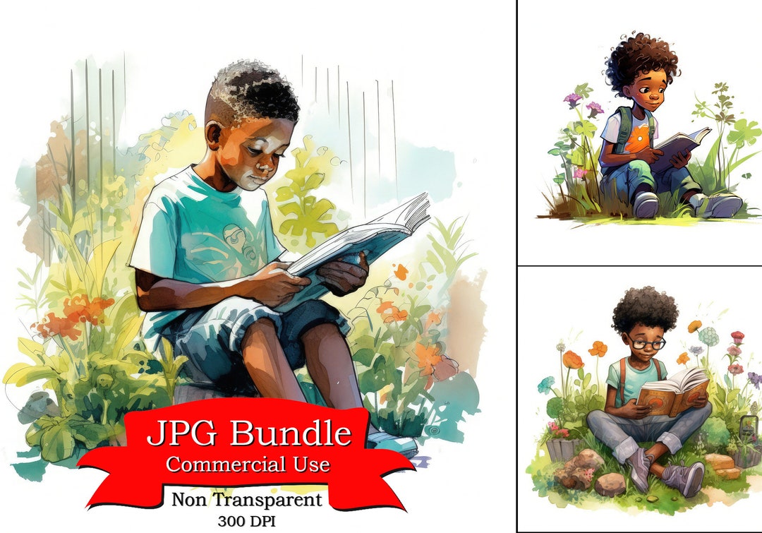 Black Child Clipart, Reading Boy Clipart, Garden Clipart, Picture for ...