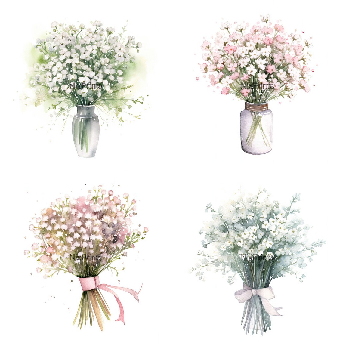 Babys Breath Flower Bouquet Clipart Watercolor Art Digital - Etsy