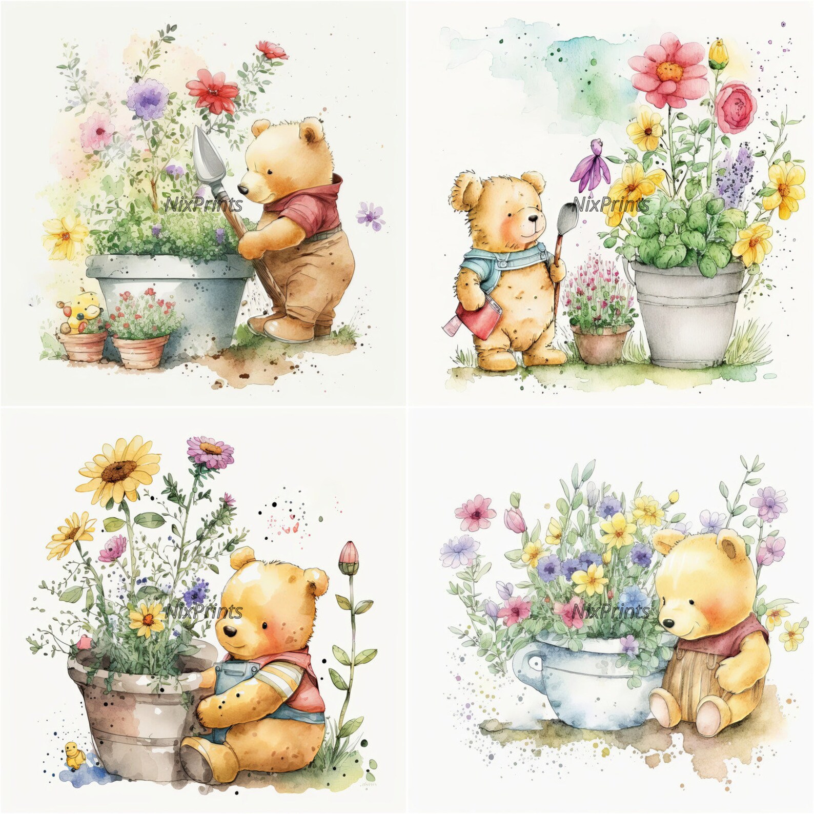 Pooh Clipart Spring Flowers and Gardening Theme Digital Image - Etsy Canada