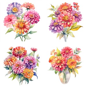 Zinnia Flower Bouquet Clipart, Watercolor Cliprt, Digital Paper ...