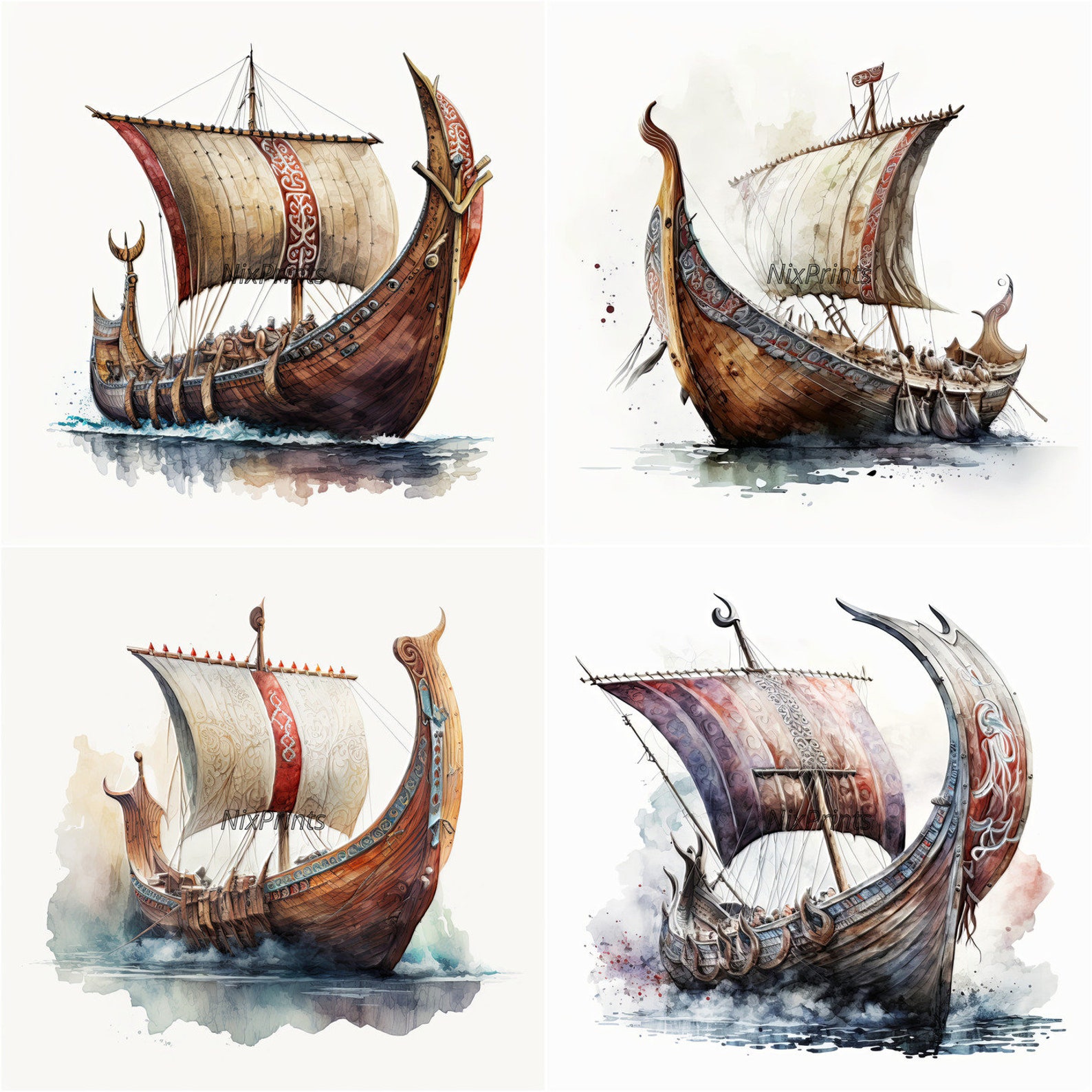 Viking Ship Watercolor Clipart, Norse History Art, Digital Download ...