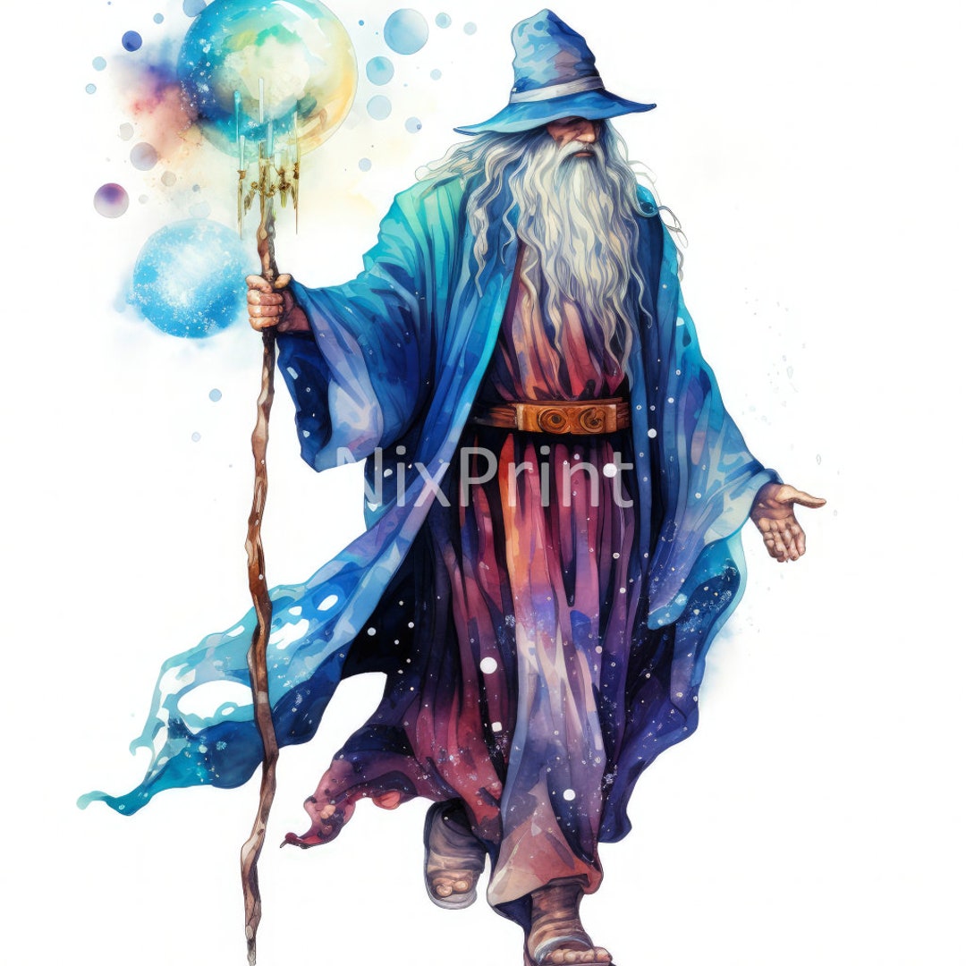 Watercolor Celestial Wizard Clipart, Staff Clipart, Wall Art for Stoics ...