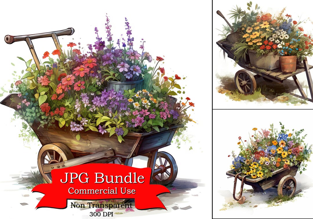 Charming Wheelbarrow With Potted Plants Clipart in JPG Format Digital ...