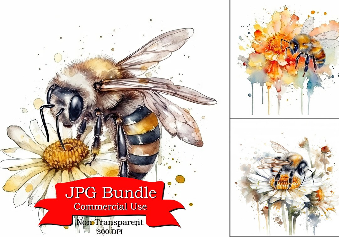 Bee on Flower Meadow: Detailed, Vibrant Watercolor Clipart, Nature ...