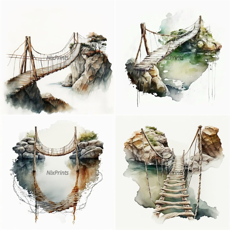 Rope Bridge Watercolor Clipart, Scenic Landscape Art, Digital Download ...