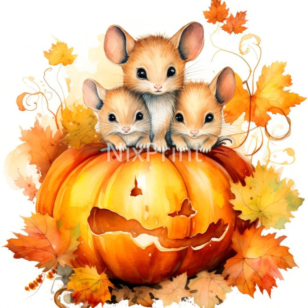 Fantasy Pumpkin Clipart, Fall Leaves Clipart, Cute Mice Clipart, Art ...