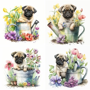 Pug Digital Image and Spring Flowers Clipart, Digital Image Downloads ...