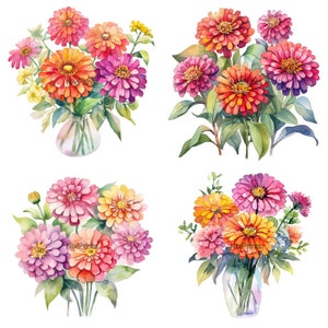 Zinnia Flower Bouquet Clipart, Watercolor Cliprt, Digital Paper ...
