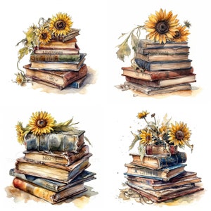 Vintage Stack of Old Books With Dying Sunflowers Watercolor Digital ...