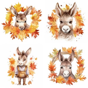Cute Donkey Fall Foliage Fall Season Watercolor Clipart, Art for Office ...