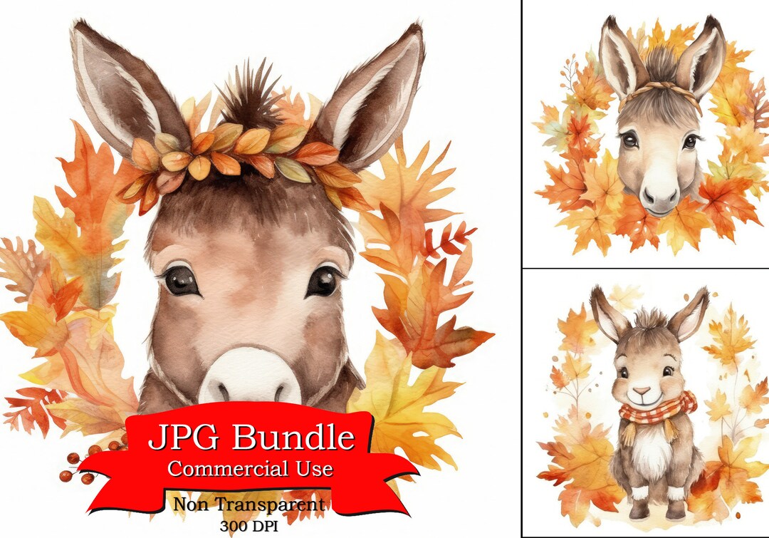 Cute Donkey Fall Foliage Fall Season Watercolor Clipart, Art for Office ...