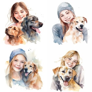 Watercolor Clipart of Smiling Teenage Girl and Dog Best Friends ...