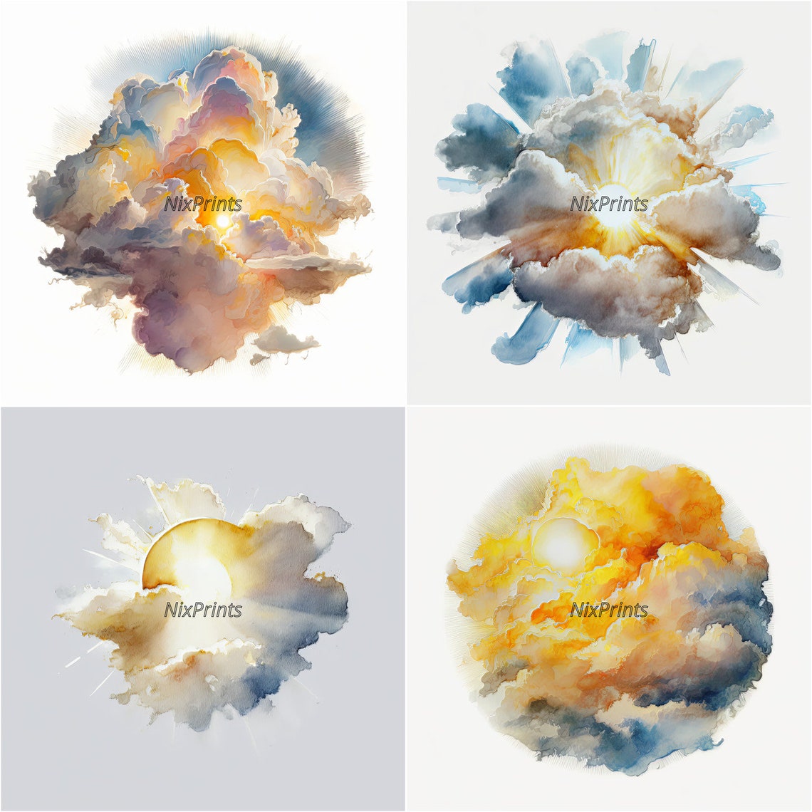 Sun and Clouds Watercolor Clipart Weather Illustration - Etsy