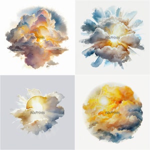 Sun and Clouds Watercolor Clipart, Weather Clipart, Digital Download ...