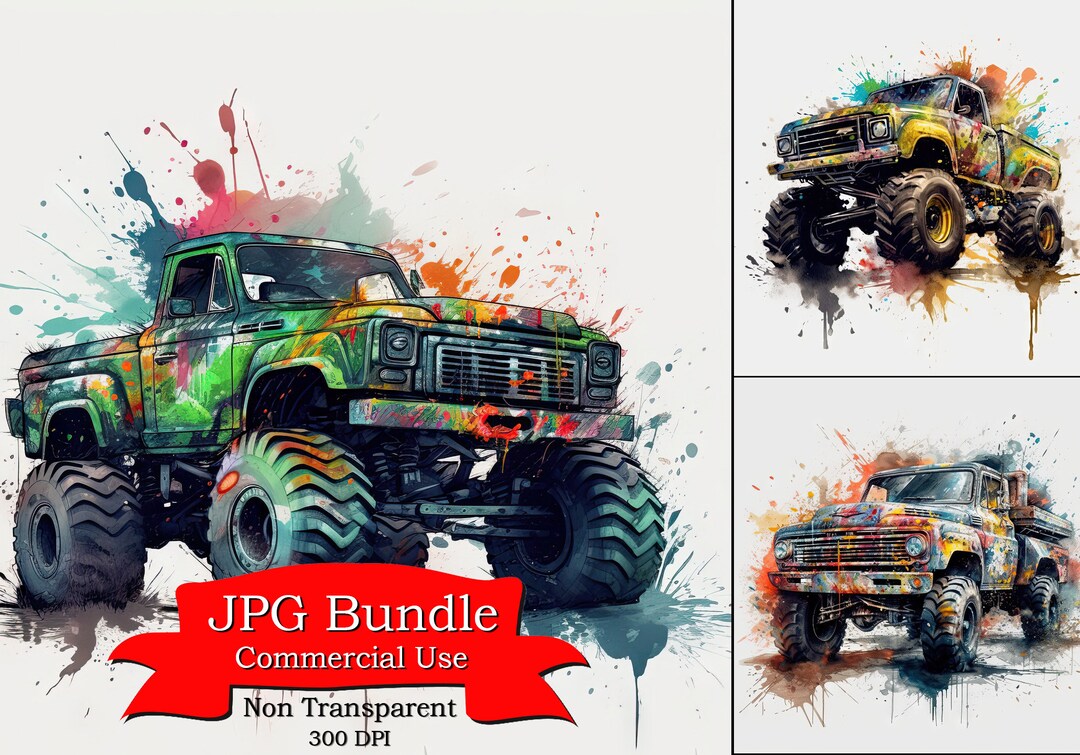 Watercolor Monster Truck Clipart, Big Trucks,digital Paper Crafting ...