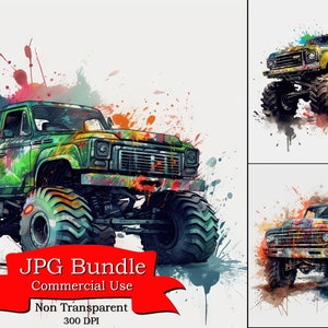 Watercolor Monster Truck Clipart, Big Trucks,digital Paper Crafting ...