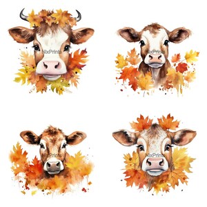 Cute Cow Fall Foliage Fall Season Watercolor Clipart, Wall Art for ...