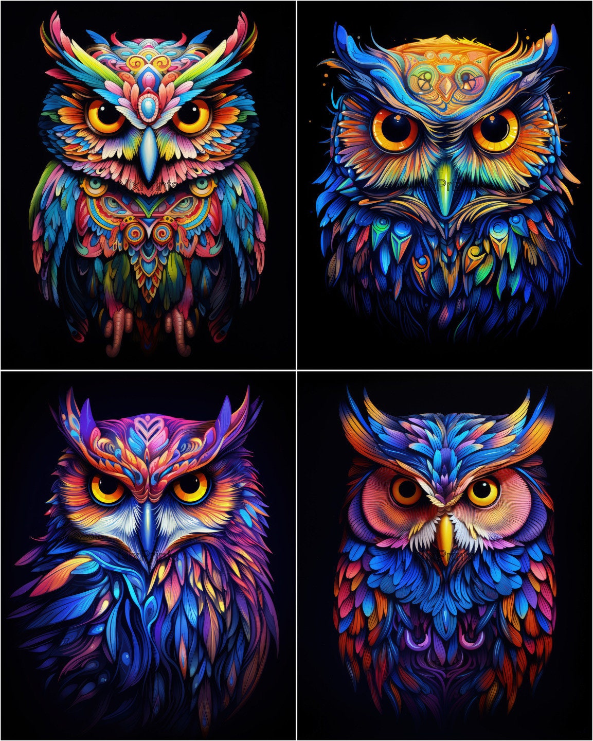 Neon Owl Clipart, Dark Background Hyper-realistic Clipart, Designs for ...