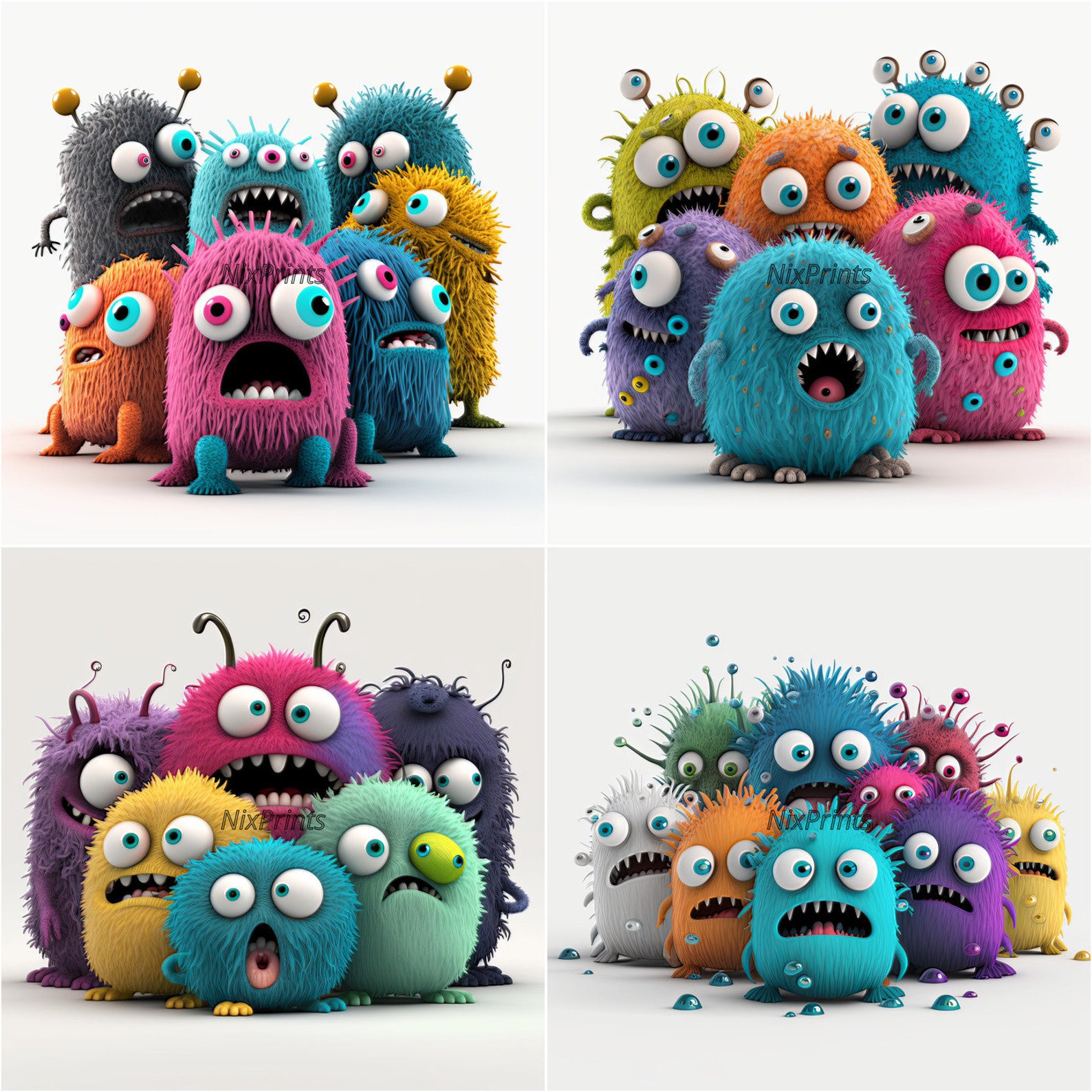 Hairy Colorful Monsters Group Cute Clipart Digital Download - Etsy