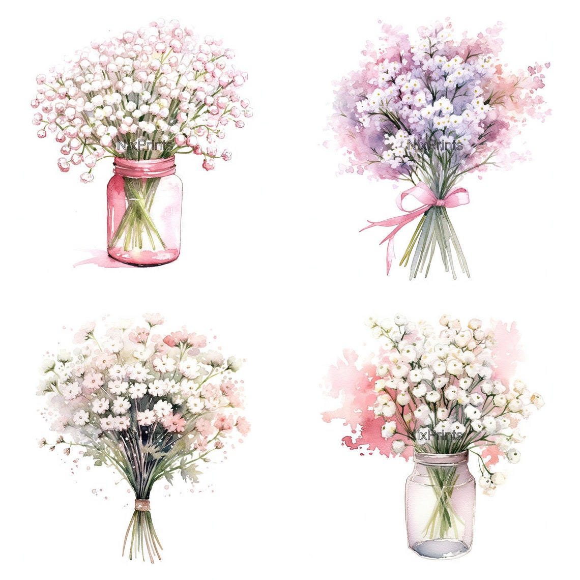 Babys Breath Flower Bouquet Clipart Watercolor Art Digital - Etsy