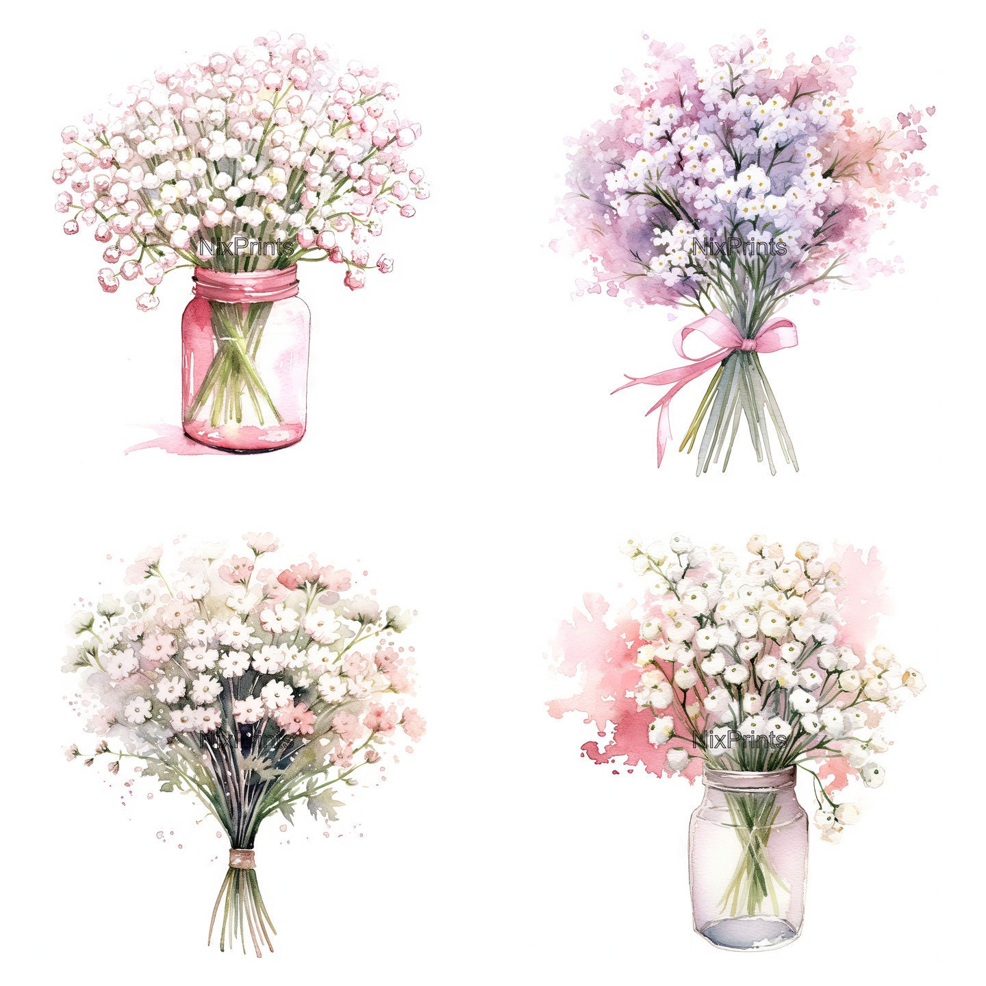 Babys Breath Flower Bouquet Clipart Watercolor Art Digital - Etsy