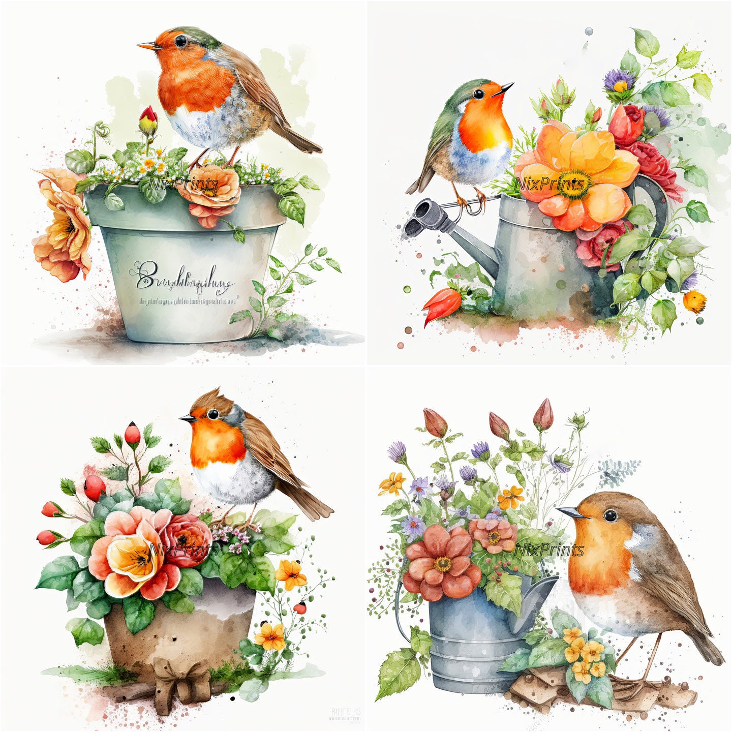 Robin Bird Clipart, Spring Flowers Gardening Theme, Digital Downloads ...