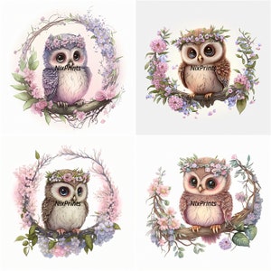 Whimsical and Nordic Pastel Color Owl With Flowers Clipart Set With ...