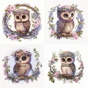 Whimsical and Nordic Pastel Color Owl With Flowers Clipart Set With ...