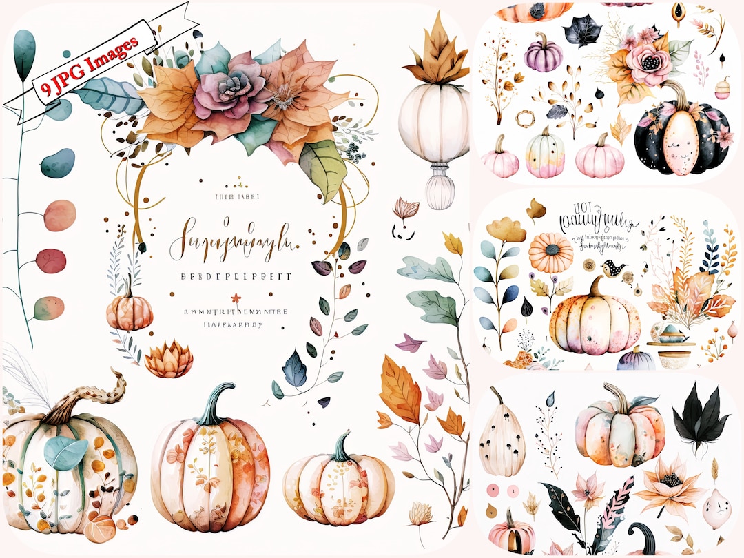 Fall Clipart Elements Bundle Orange and Purple Theam Clipart,watercolor ...