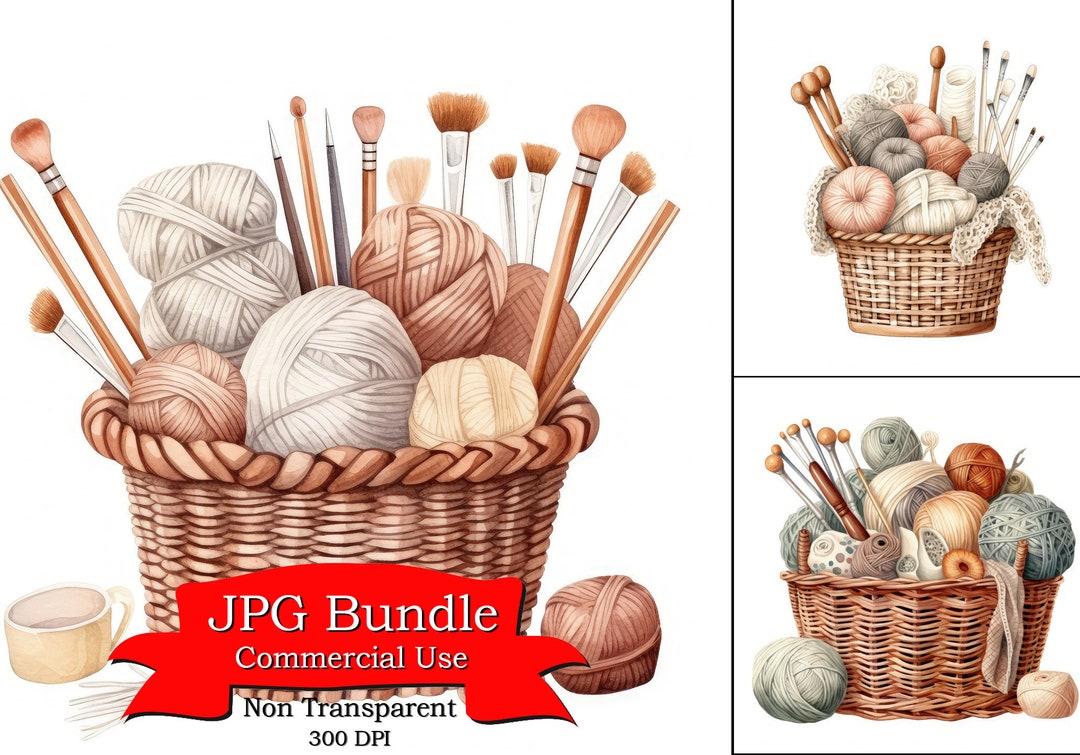 Watercolor Knitting and Crochet Tools Clipart, Wicker Basket Clipart ...