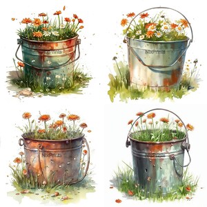 Rusted Bucket With Wildflowers Digital Clipart in JPG Format Digital ...