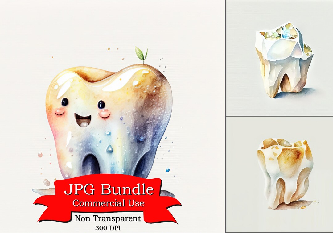 Adorable Tooth Watercolor Clipart: Jpg Format, Non-transparent ...