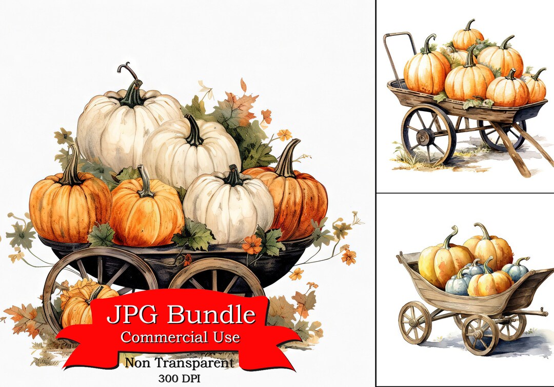 Pumpkins in a Vintage Wheelbarrow Clipart, Digital Sticker for Party ...