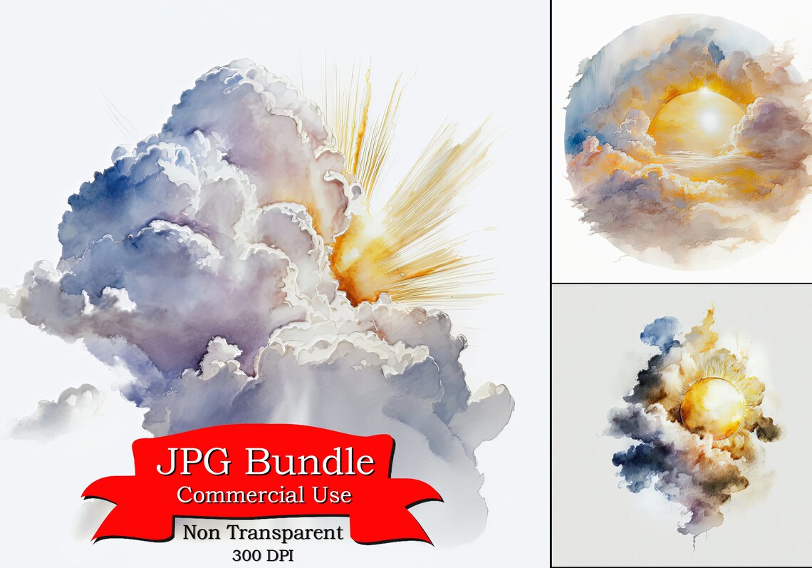 Sun and Clouds Watercolor Clipart Weather Illustration - Etsy