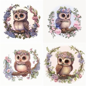 Whimsical and Nordic Pastel Color Owl With Flowers Clipart Set With ...