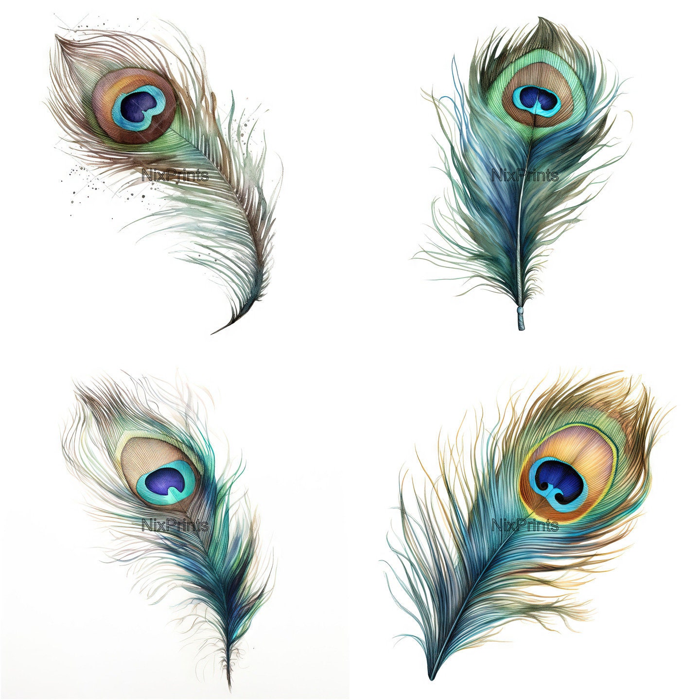 Detailed Peacock Feather Watercolor Clipart digital Paper - Etsy