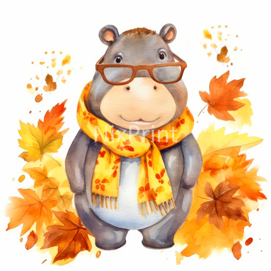 Hippopotamus Fall Foliage Clipart, Art for Male Bedroom, Wall Art for ...