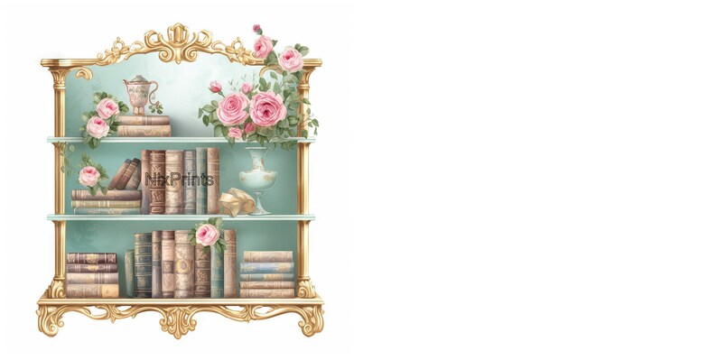 Bookcase Clipart, Mint Color Books on a Small Gold Bookcase With Pink ...