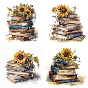 Vintage Stack of Old Books With Dying Sunflowers Watercolor Digital ...