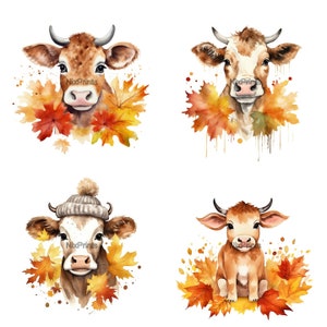 Cute Cow Fall Foliage Fall Season Watercolor Clipart, Wall Art for ...