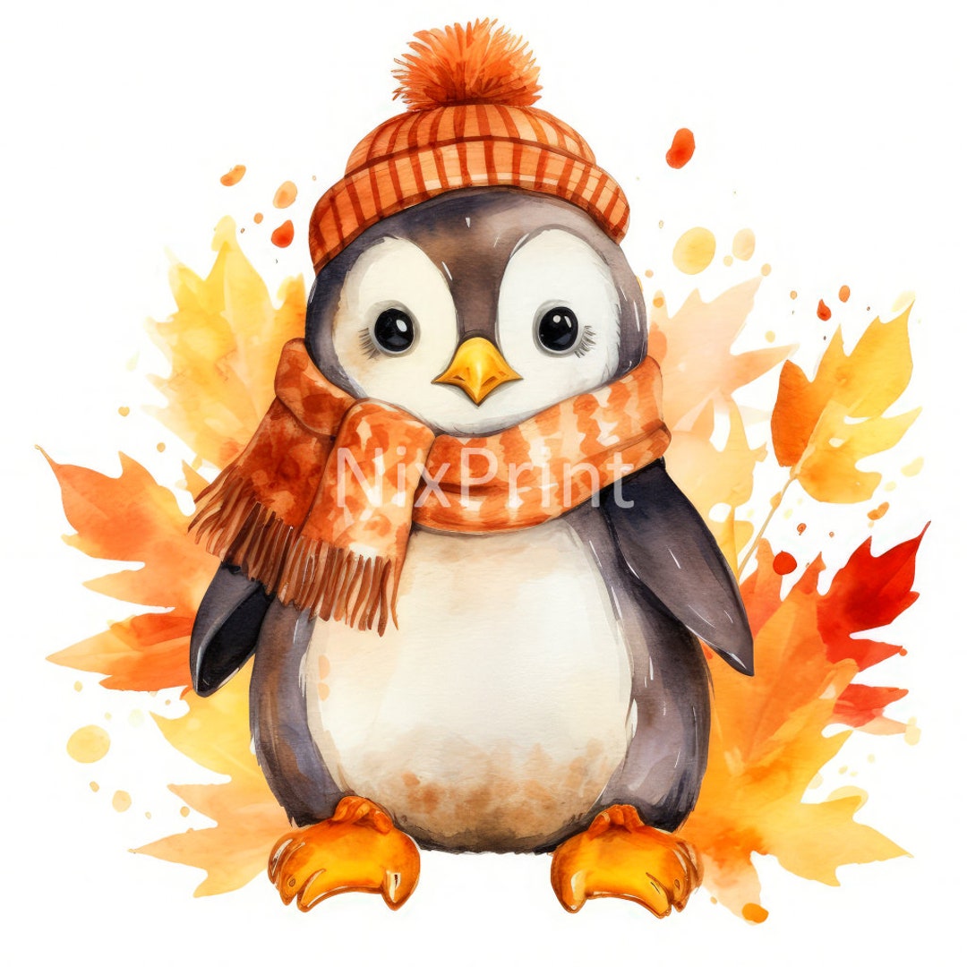 Penguin Fall Foliage Clipart, Penguin Clipart, Wall Art for Tweens, Art ...