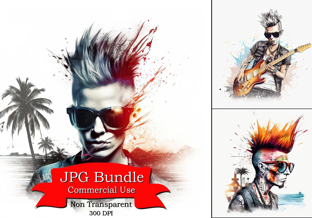 Beach Punk Art Boy Clipart, Cool Guy With Guitar, Skateboard, and ...