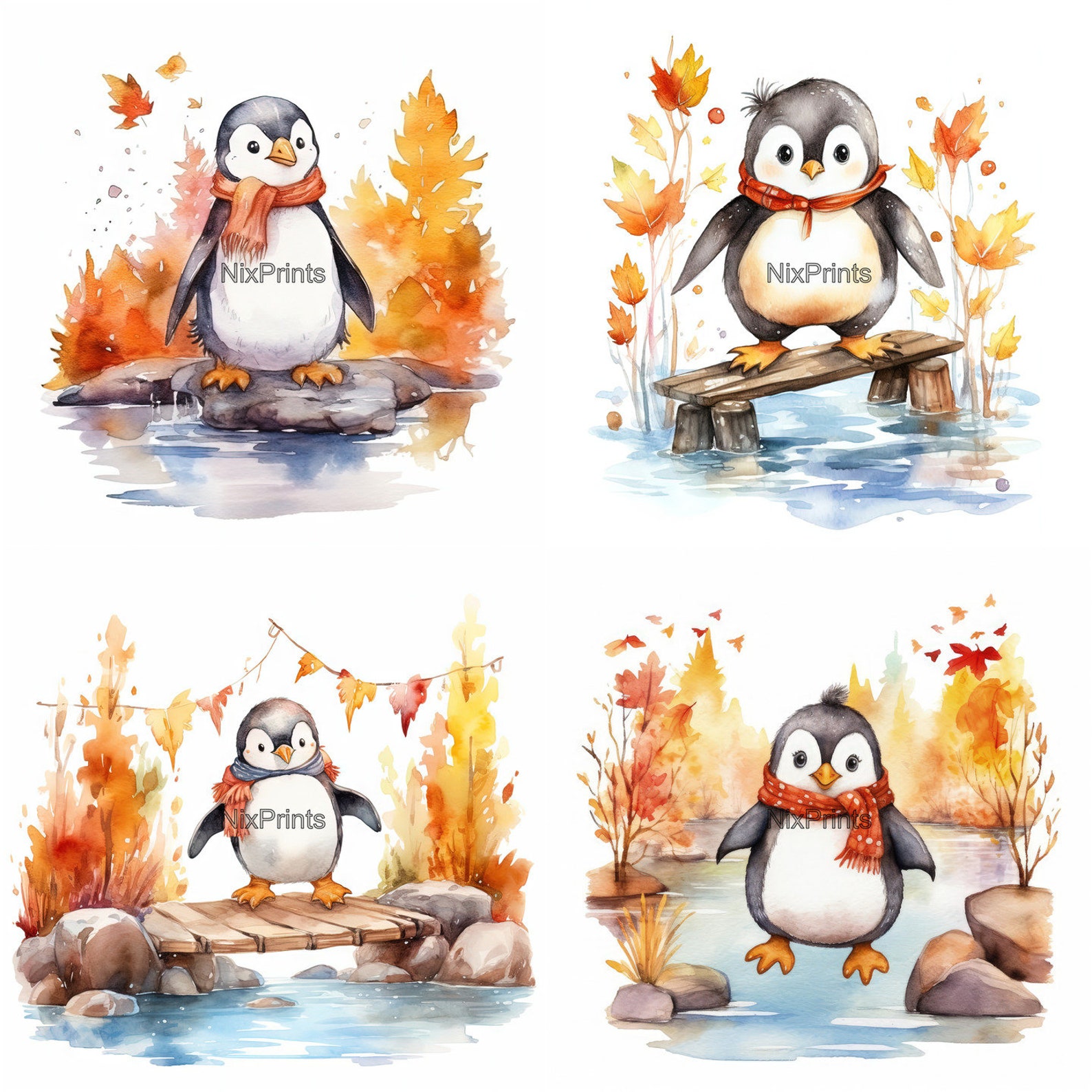Penguin Autumn River Crossing Clipart, Penguin Clipart, Digital Sticker ...
