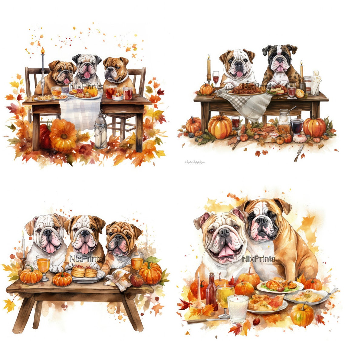 Cute Bulldog Dog, Thanksgiving Themes, Family Dinner Scenes, Art for ...