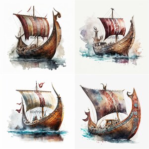 Viking Ship Watercolor Clipart, Norse History Art, Digital Download ...