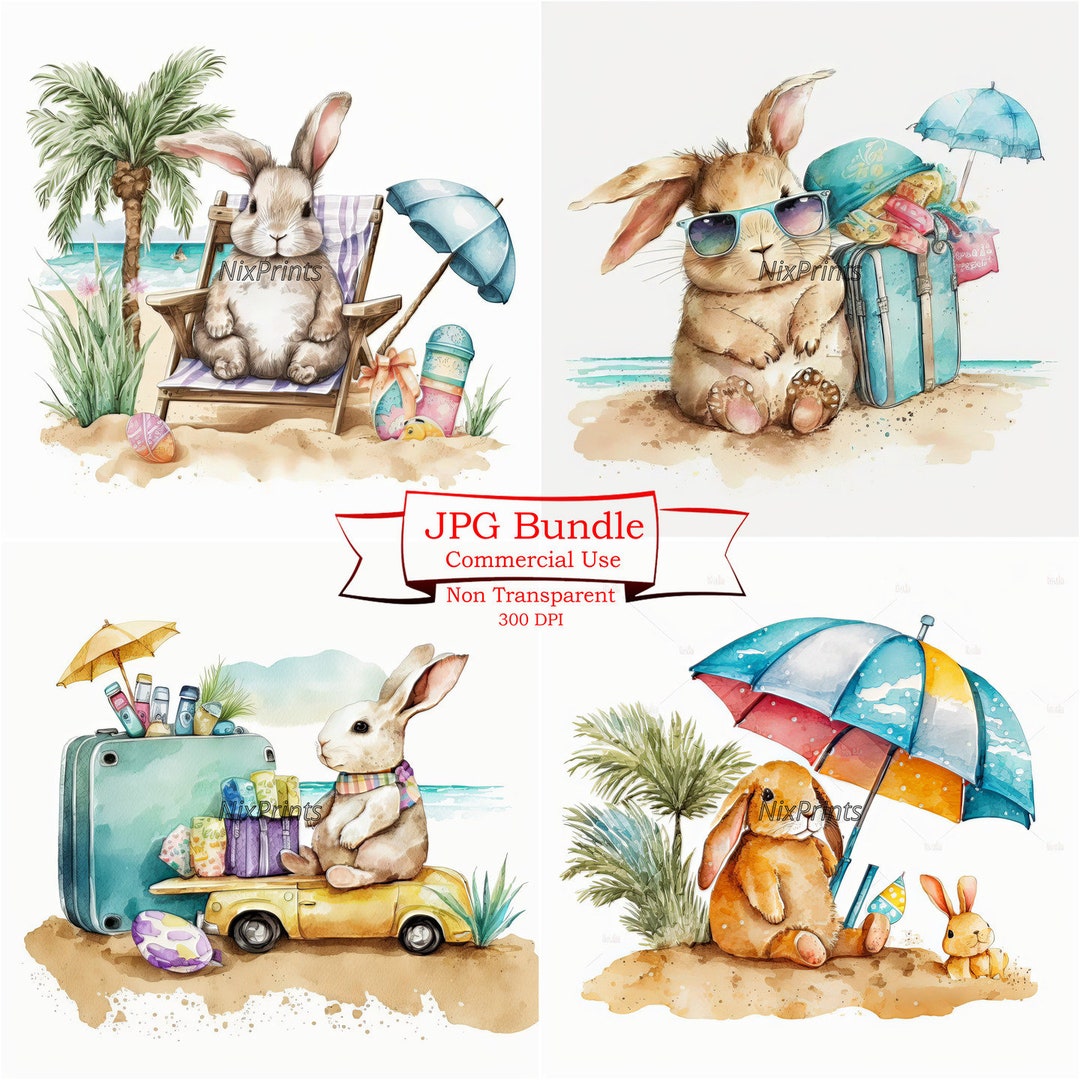 Bunny Beach Vacation, Modern City Life, Summer Fun Clipart - Vibrant ...