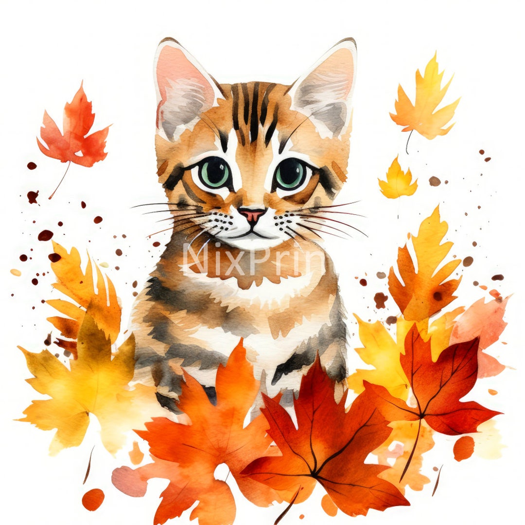 Bengal Cat Fall Foliage Clipart, Cat Clipart, Wall Art for Garden, Art ...