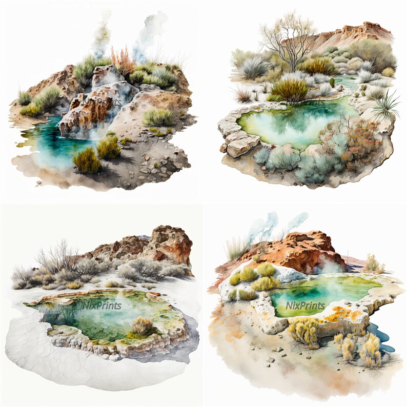 Serene Watercolor Hot Springs Cliparttranquil Landscape - Etsy