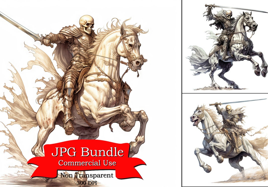 Skeleton Warrior Knight on Horse Clipart, Digital Paper Crafting ...